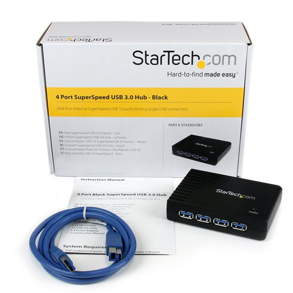 StarTech.com 4 Port Black SuperSpeed USB 3.0 Hub – Transparent
